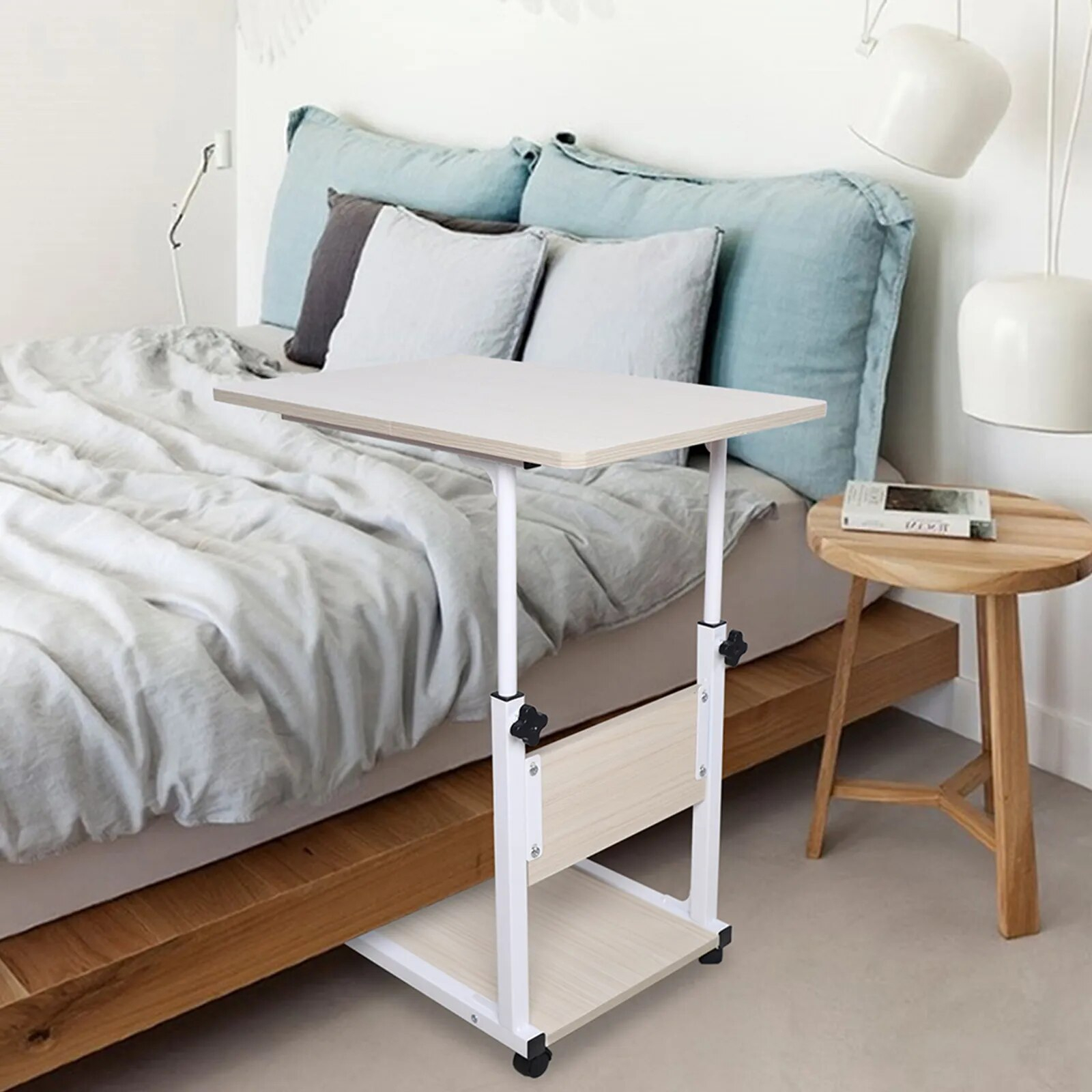 Table d'appoint blanche à roulettes à 2 niveaux de rangement • Ma Table ...